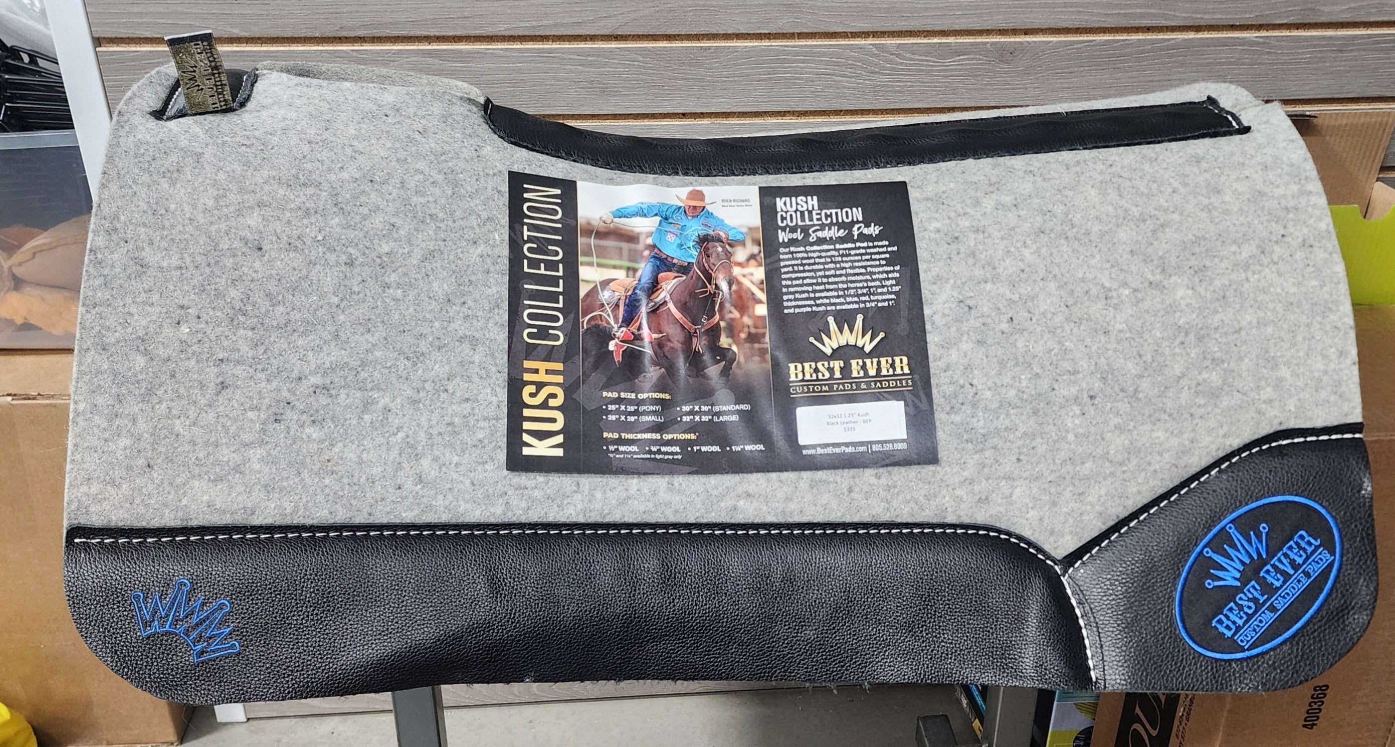 Best Ever Kush Saddle Pad - Black Leather Blue Emblem (1.25" thick, 32 – Leanin' Pole Arena